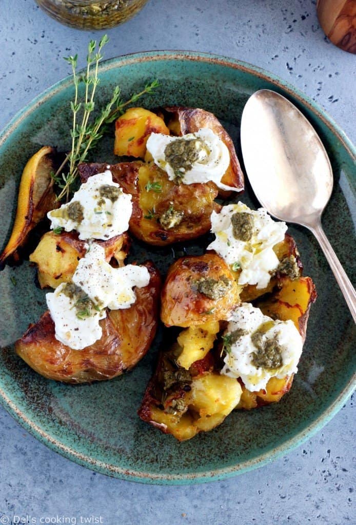 Smashed Lemony Potatoes, Burrata and Pesto - Del's cooking twist