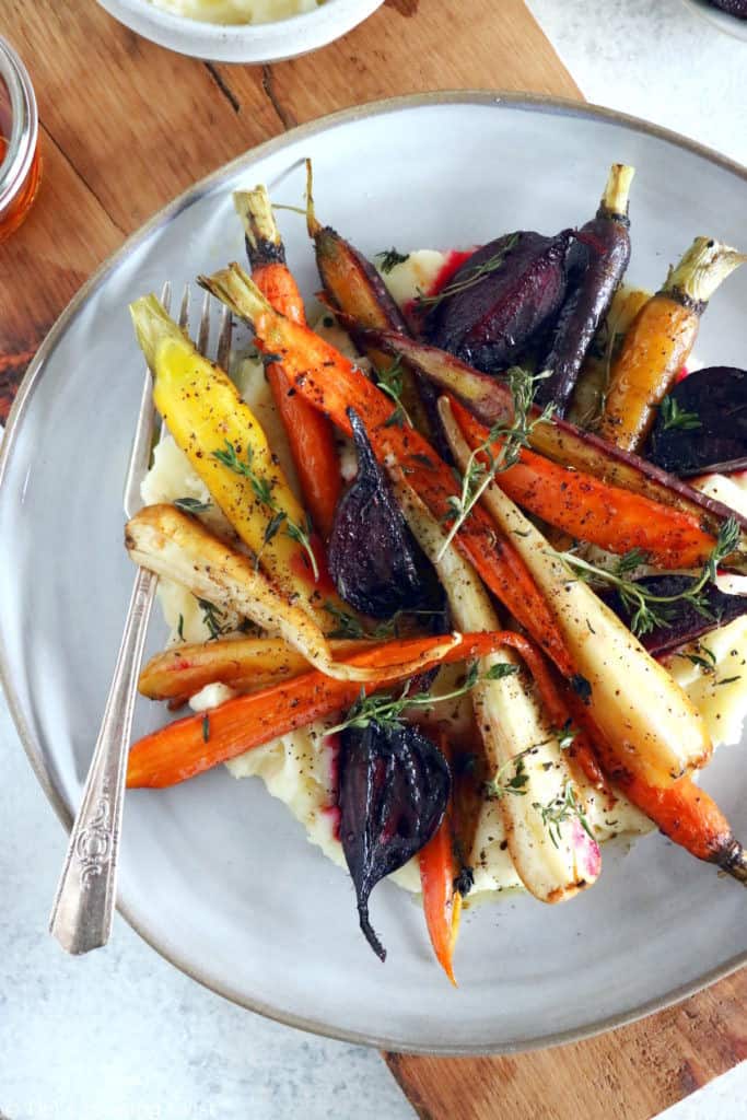 Maple Roasted Root Vegetables with Parsnip Puree - Del's cooking twist