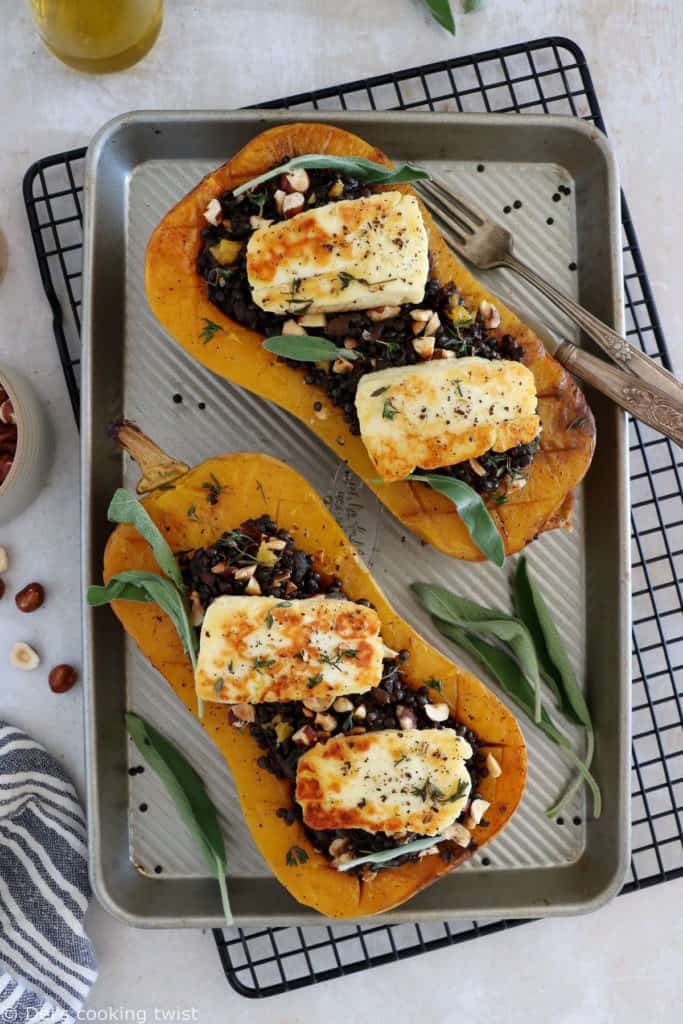 Lentil Stuffed Butternut Squash with Halloumi - Del's cooking twist